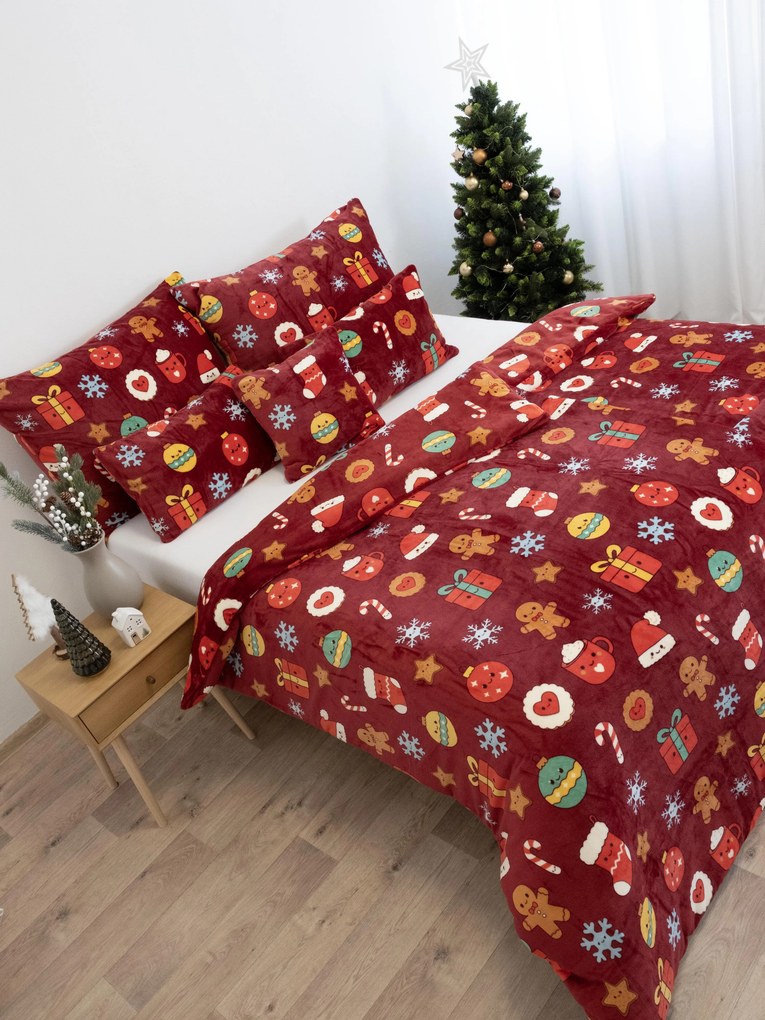 MK Lůžkoviny Vánoční francouzské mikroplyšové povlečení Exclusive – Vánoční nadílka červené 220 × 200 cm, 2ks 70 x 90 cm