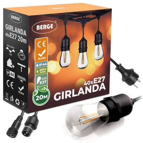 ecoPLANET Venkovní řetěz GIRLAND 20m + 41x LED žárovka 1W