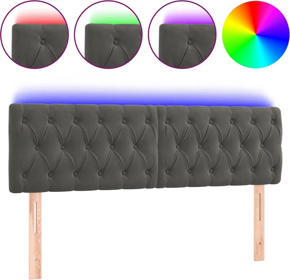 Čelo postele s LED tmavě šedé 144 x 7 x 78/88 cm samet 3121997