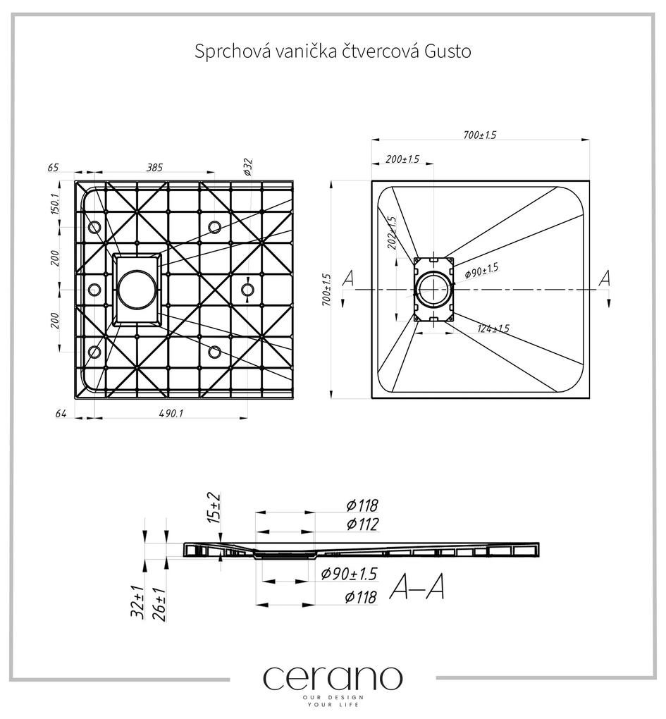CERANO - Sprchová vanička čtvercová Gusto - bílá matná - 70x70 cm