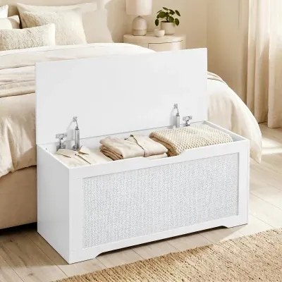 HOMCOM úložný box 136 l Úložná lavička s ratanovým čelem, skládací víko, podpěrná ramena pro předsíň 100x40x45cm Bílá