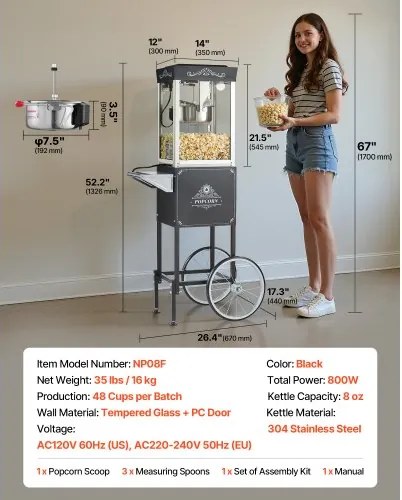 Výrobník popcornu s vozíkem, Konvice z nerezové oceli o objemu 0,2 kg VEVOR – Černá