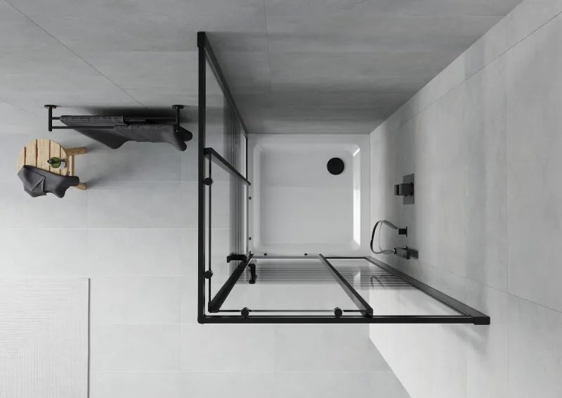 Mexen Rio, čtvercový sprchový kout 90(dveře)x90(dveře)x190 cm, 5mm čiré sklo-vzor pásky, černý profil + bílá sprchová vanička SLIM, 860-090-090-70-20-4010B