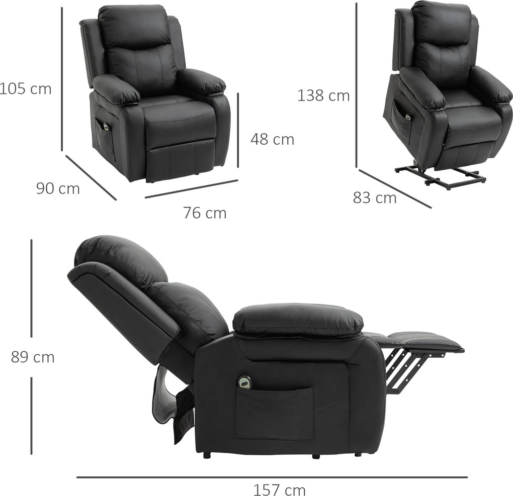 HOMCOM Elektrické křeslo ke vstávání Relaxační křeslo s opěrkou nohou, dálkovým ovládáním a 2 kapsami 76x90x105 cm, černé