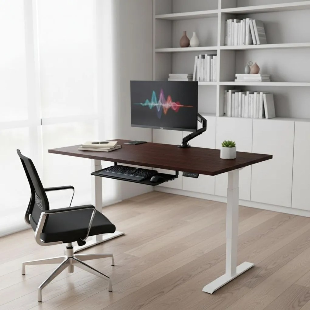 Výškově nastavitelný stůl OfficeTech C, 120 x 80 cm, bílá podnož, wenge