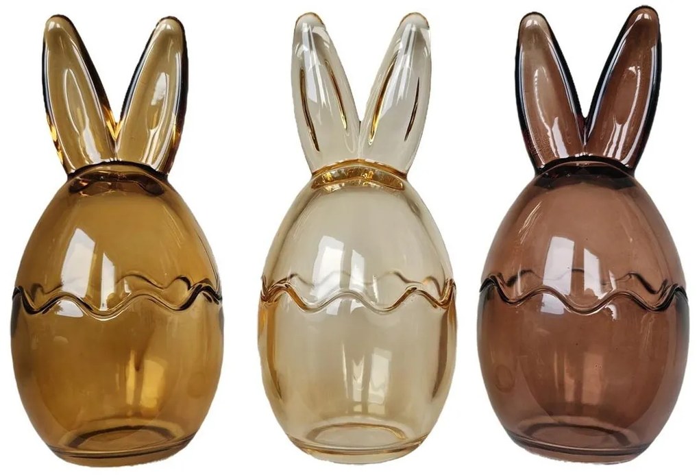 3ks hnědá skleněná dóza vajíčko s oušky Rabbi - Ø 8*17 cm