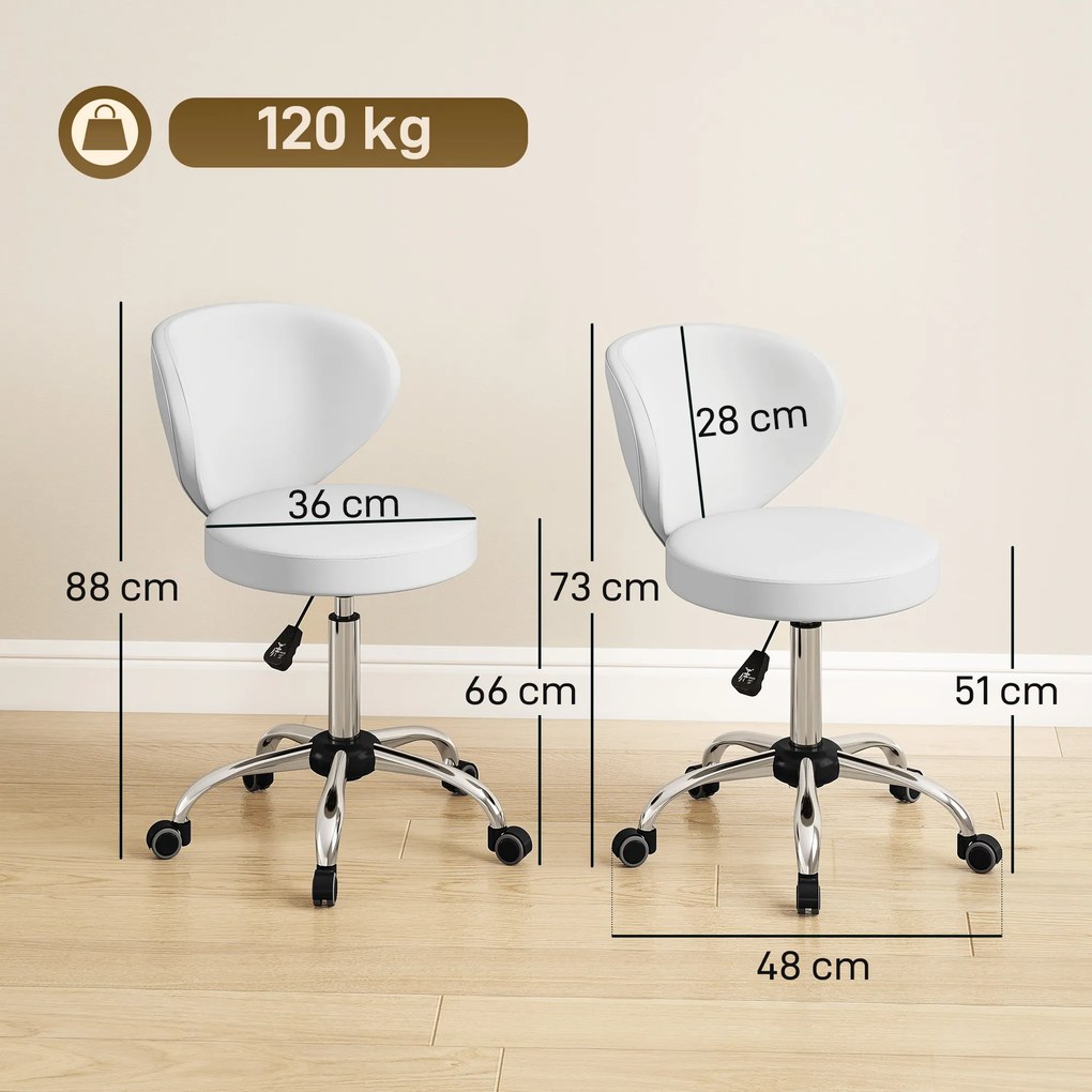 HOMCOM Kolečková stolička, PU masážní stolička s výškovým nastavením 73-88 cm a opěradlem, 360° otočná, bílá