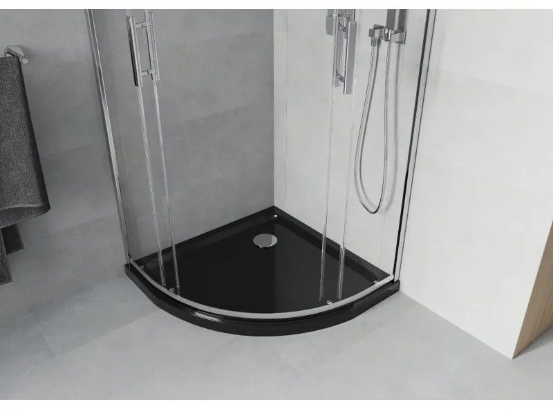 Mexen Rio, čtvrtkruhový sprchový kout s posuvnými dveřmi 90 x 90 cm, 5mm čiré sklo, chromový profil + černá sprchová vanička, 863-090-090-01-00-4170