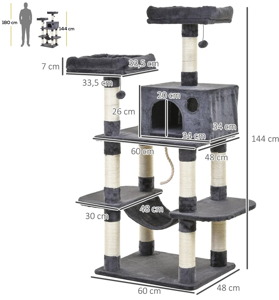 Škrabadlo pro kočky PawHut 144H cm s popruhem na zeď, luxusní šplhací strom s houpací sítí, domeček pro kočky v tmavě šedé barvě | Aosom.de