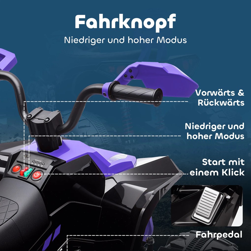AIYAPLAY Dětský elektro quad, 24V elektrické vozidlo se 4 koly, světlomet, USB port, MP3 funkce, 6,5 km/h, 3-8 let 370-412V90VT