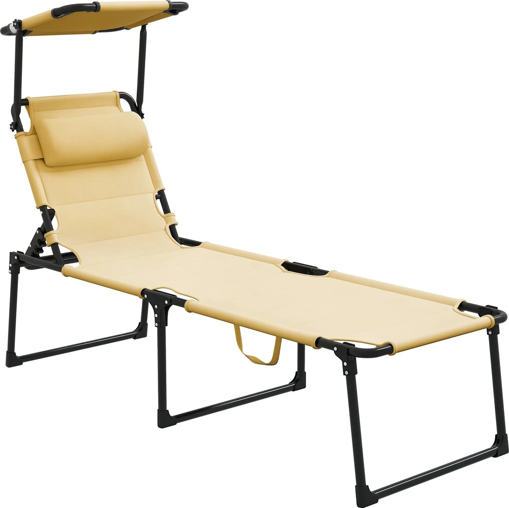 Skládací zahradní lehátko Outsunny s nastavitelnou markýzou, 4 úrovně sklonu opěradla a opěrka hlavy pro terasu a bazén, 70x200x45 cm, krémové | Aosom