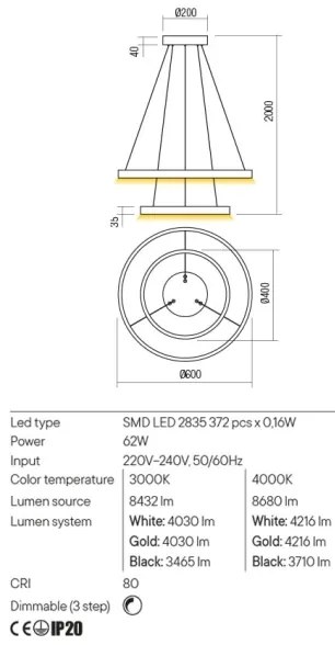 Redo 01-2891 - LED Stmívatelný lustr na lanku FEBE LED/62W/230V černá
