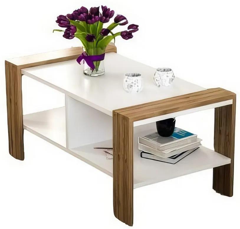Konferenční stolek IRVINE 90x60 cm, matná bílá a ořech