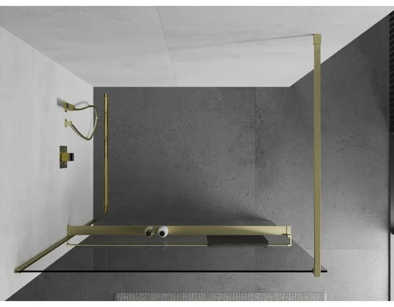 Mexen Kioto+, sprchová zástěna Walk-In s poličkou a věšákem 140 x 200 cm, 8mm čiré sklo, zlatý matný profil, 800-140-121-55-00