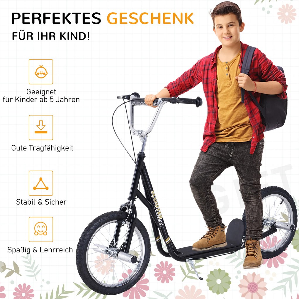 HOMCOM dětská koloběžka s pneumatikami odrážecí koloběžka koloběžka městská koloběžka pro děti kickboard 16 palců od 5 let výškově nastavitelná černá…