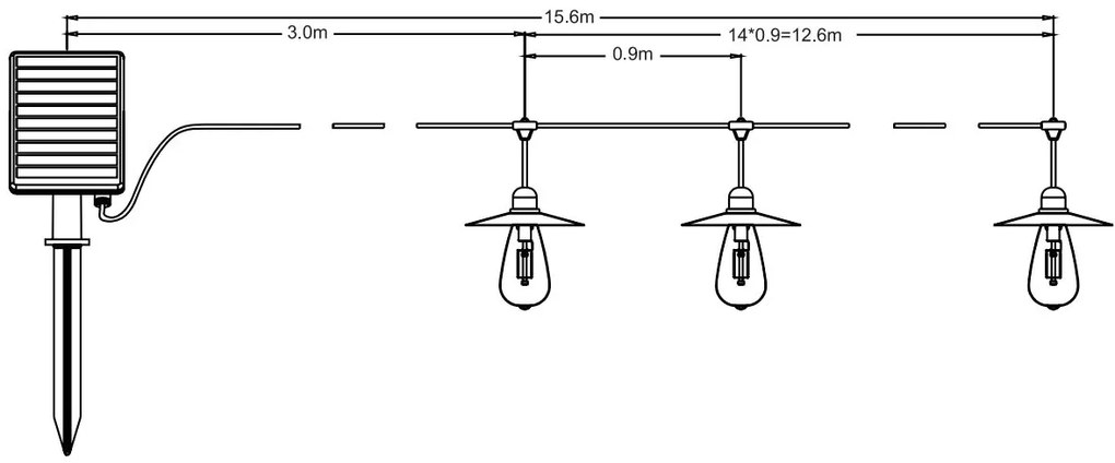 LED Solution Designový solární LED světelný řetěz 15m 15xLED 3W IP44