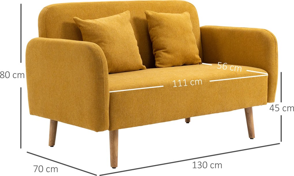 HOMCOM Dvoumístná pohovka s polštáři, nastavitelné podnožky, sametový polyester, pěna, kompaktní design, 2místná, přírodní+žlutá| Aosom