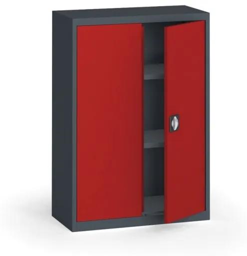 Plechová policová skříň na nářadí KOVONA, 1150 x 800 x 400 mm, 2 police, antracit/červená