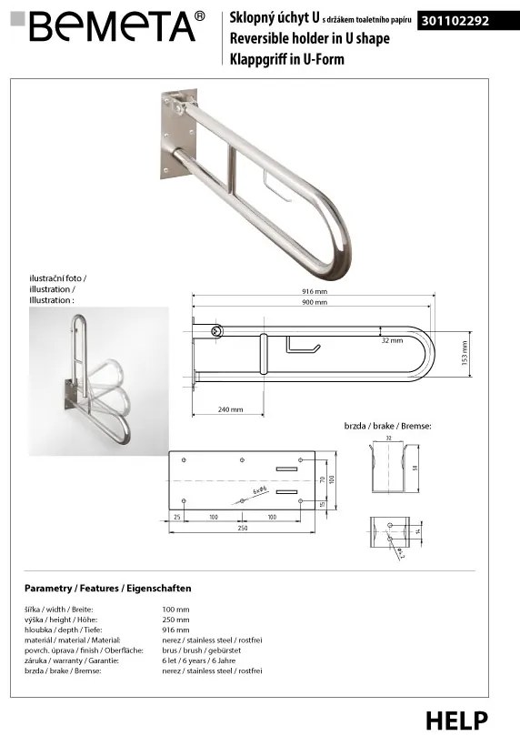 Bemeta Design HELP: Madlo, 900 mm, ve tvaru U, s držákem TP, sklopné, bez krytky, nerez, mat -
