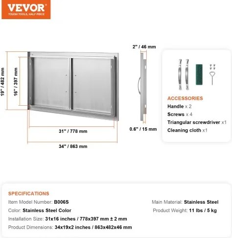 BBQ přístupová dvířka, 863 × 482 mm dvojitá venkovní kuchyňská dvířka
