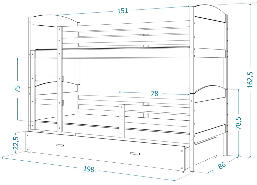 BabyBeds Dětská patrová postel s úložným prostorem MATYÁŠ borovice Velikost postele: 200x90 cm, Barva šuplíku: Modrá