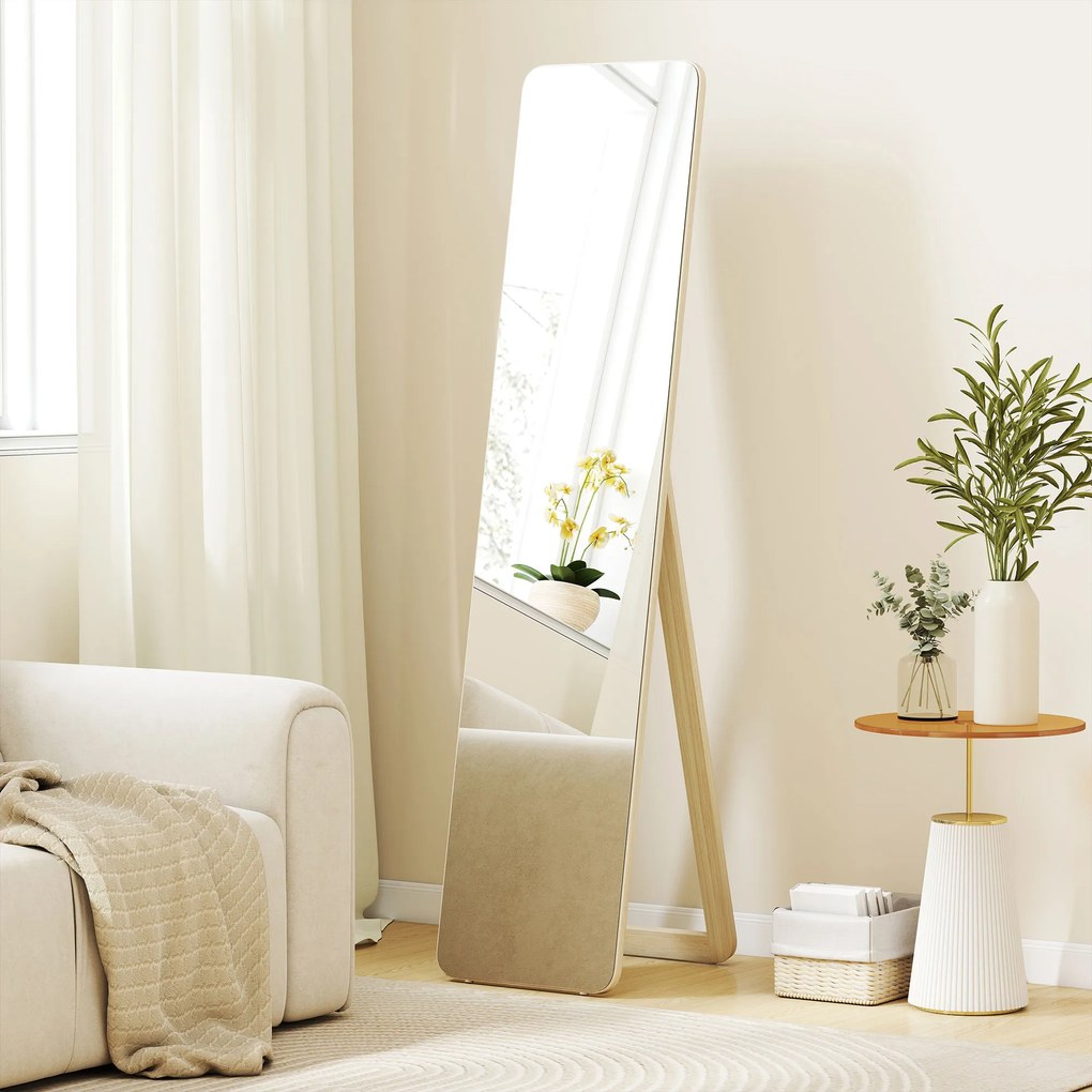 HOMCOM stojací a nástěnné zrcadlo obdélníkové, rozměry 37D x 43Š x 156V cm, přírodní dřevo