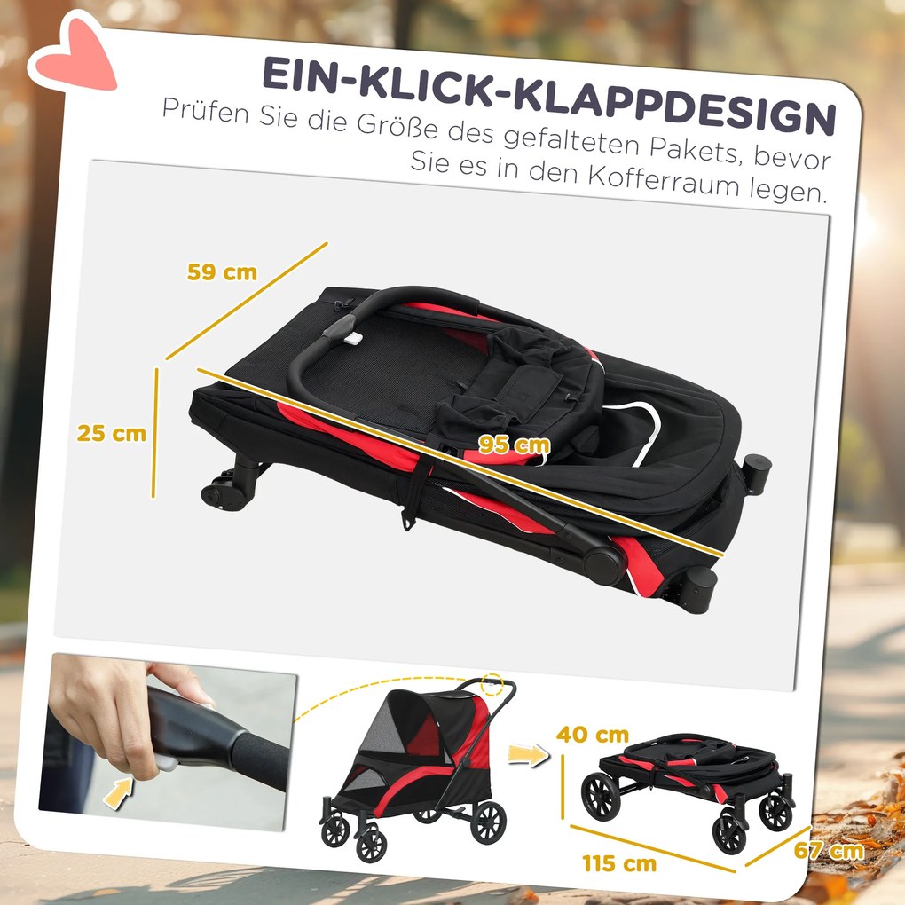 PawHut Kočárek pro psy, skládací kočárek pro velké psy, kočárek pro domácí mazlíčky se 4 koly, bezpečnostní vodítka, brzdy, černý