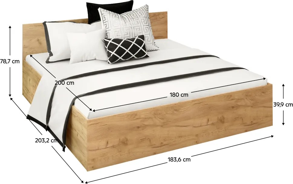Postel s kovovým roštem a úložným prostorem, 180x200, dub craft zlatý, DOLI