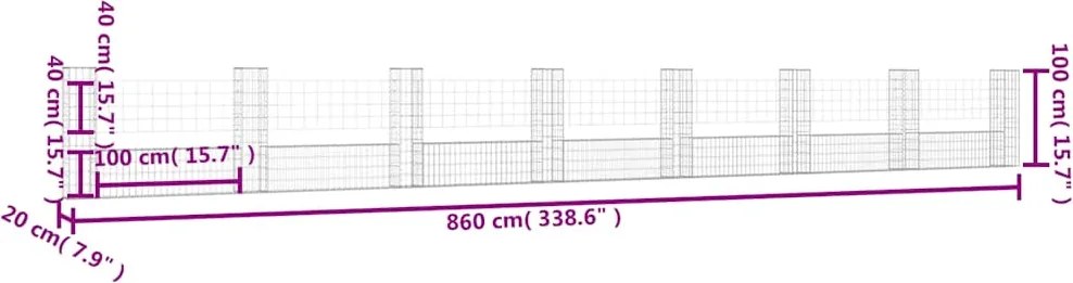 Gabionový koš ve tvaru U s 8 sloupky železo 860 x 20 x 100 cm 151281