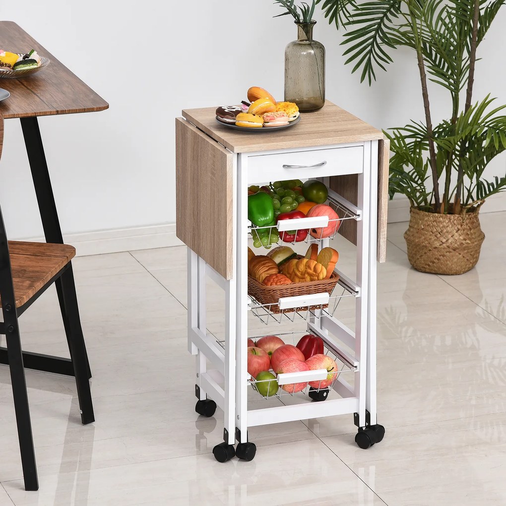 HOMCOM Skládací kuchyňský vozík s 6 koly, 1 zásuvkou a 3 kovovými koši - Multifunkční servisní vozík pro úložný prostor s nosností 50 kg, 97,2x37x77,…