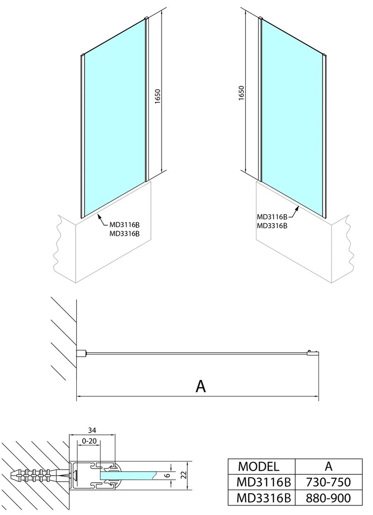 Polysan Polysan, DEEP BLACK sprchová boční stěna 750x1650mm, čiré sklo, MD3116B
