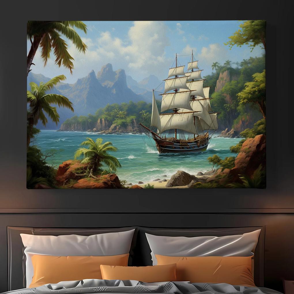 Obraz na plátně - Velká plachetnice kotví u tropického ostrova FeelHappy.cz Velikost obrazu: 150 x 100 cm