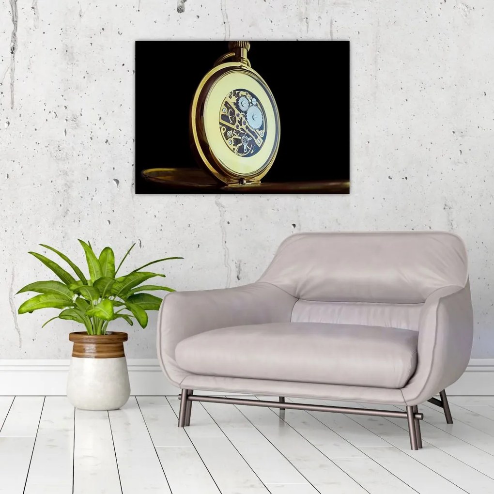 Skleněný obraz zlatých kapesních hodinek (70x50 cm)