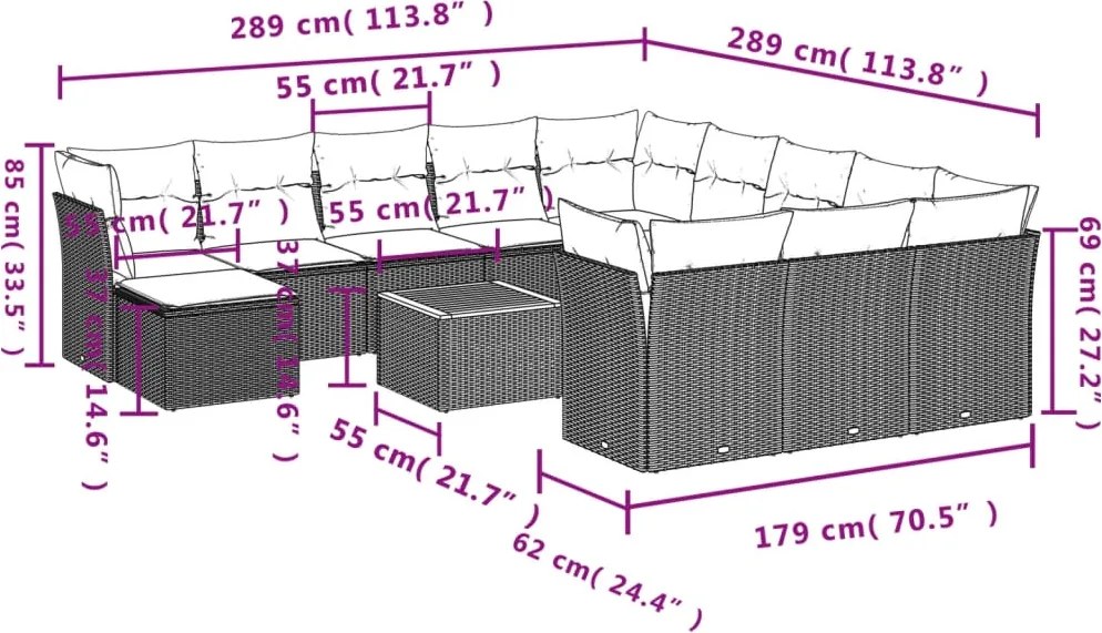 13dílný zahradní sedací souprava s poduškami černý polyratan 3223983