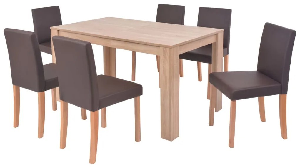 vidaXL 7dílná sada jídelního stolu a židlí, umělá kůže a dub, hnědá