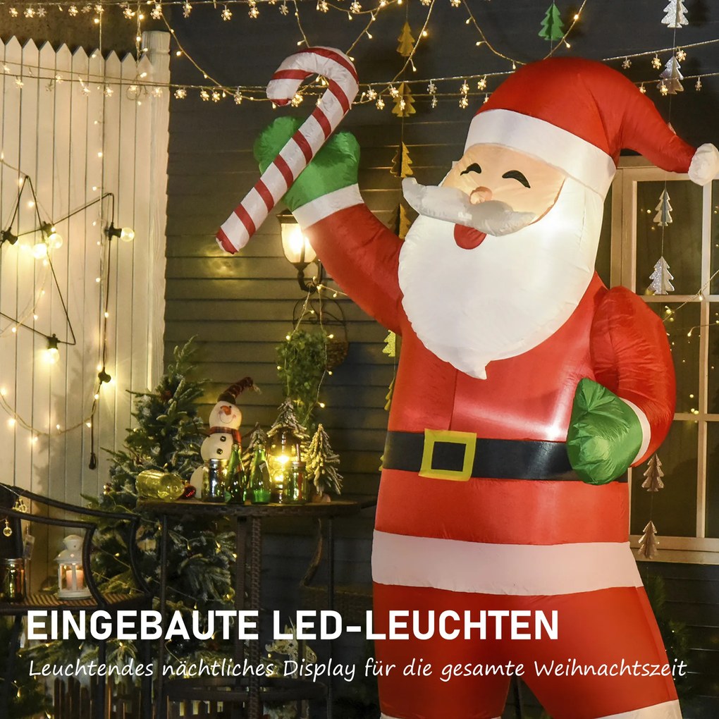 HOMCOM Nafukovací vánoční dekorace, 2,4 m Santa Claus s LED osvětlením, cukrová hůlka pro vnitřní i venkovní použití