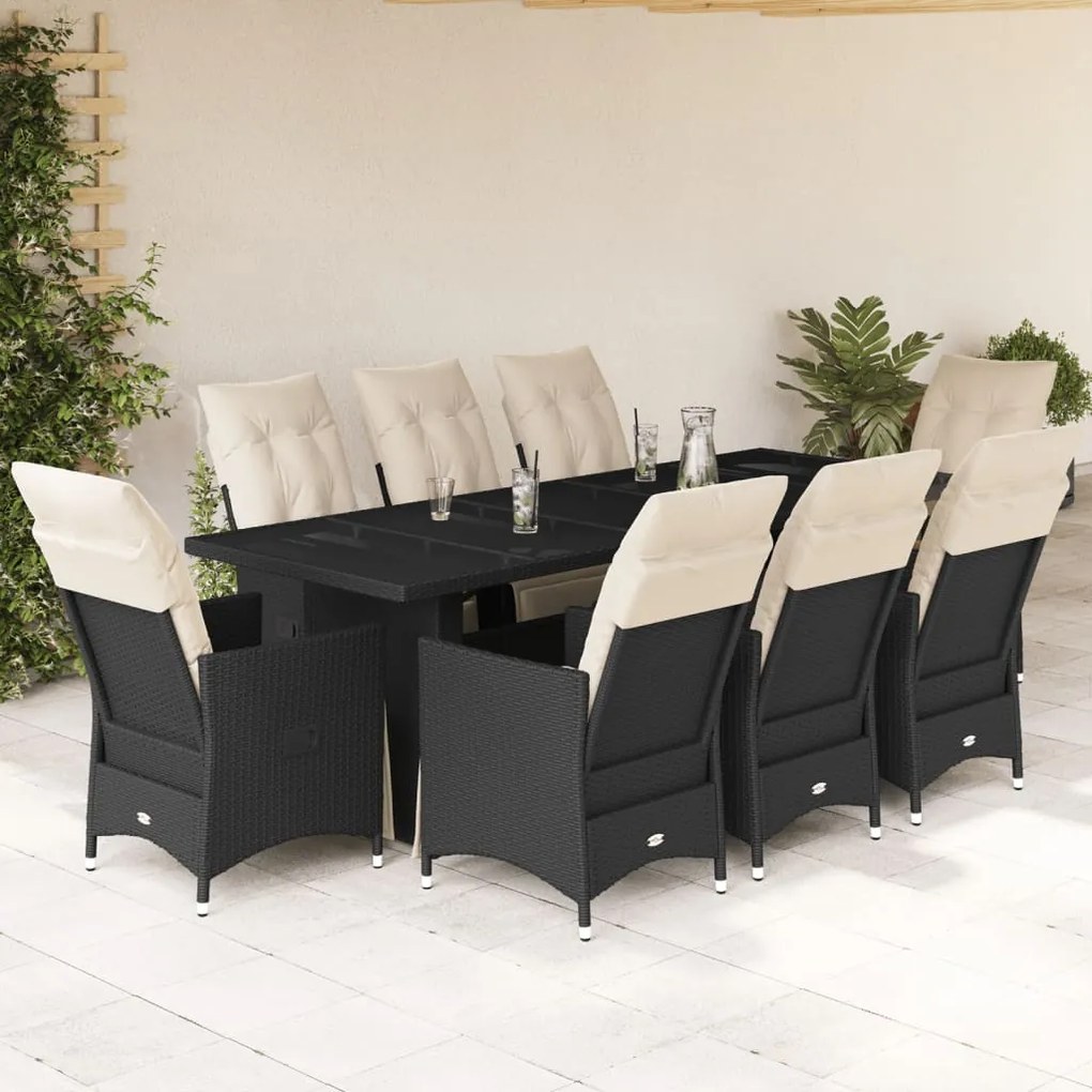 9dílný zahradní bistro set s poduškami černý polyratan 3277257