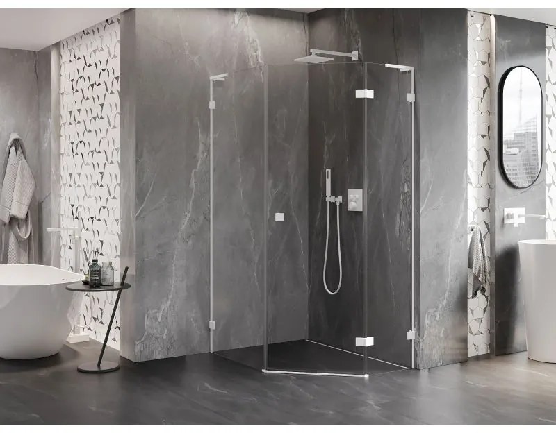 Mexen Lunar, L pravý výklopný pětiúhelníkový sprchový kout 80 x 100 cm, 8mm čiré sklo, bílý profil, 831L-080P-100L-20-00-P