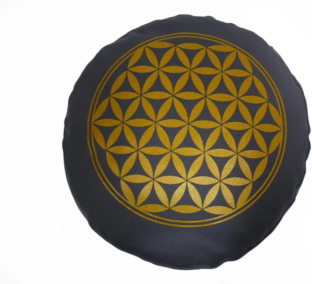 S radostí - vlastní výroba Meditační polštář se zlatým Květem života - šedý Velikost: ∅30 x v12 cm