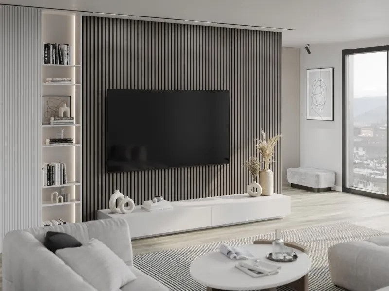 Mexen Lam-F, akustické stěnové lamely 275 × 30 cm, plstěný podklad 8 mm, technická dýha, dub ocelový, S105-275307-3015-006