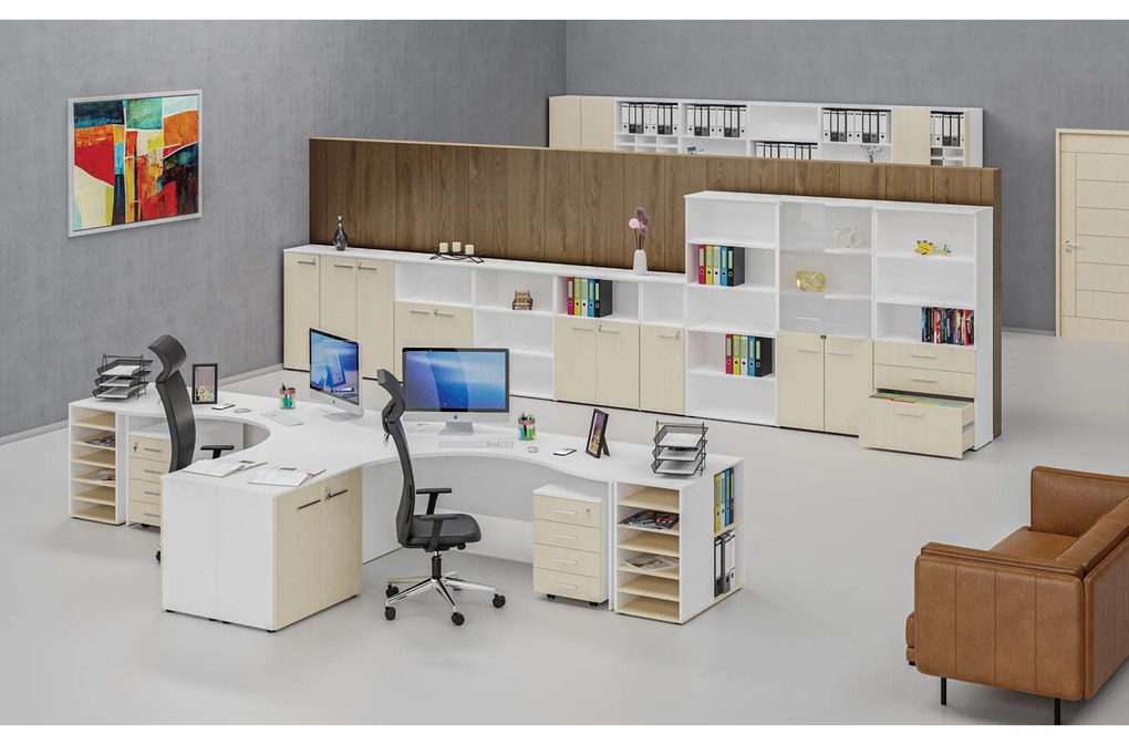 Kombinovaná kancelářská skříň PRIMO WHITE, dveře na 3 patra, 1434 x 800 x 420 mm, bílá/bříza