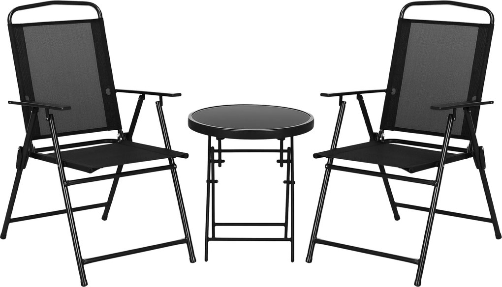 Outsunny 3dílná zahradní bistro souprava - 2 skládací židle s opěrkami + kulatý skládací konferenční stůl s vrchní částí ze skla a polyesteru