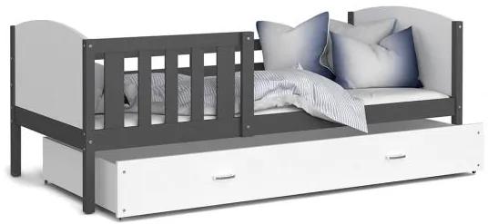 Dětská postel TAMI P 90x200 cm s šedou konstrukcí v bílá barvě se šuplíkem