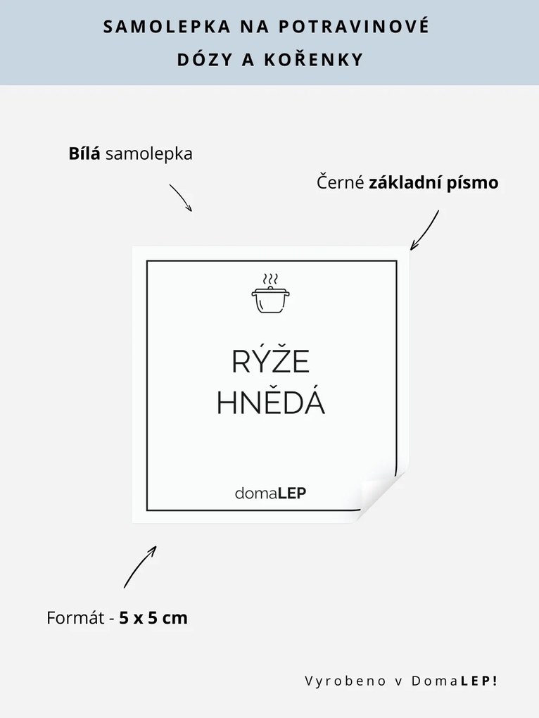 RÝŽE HNĚDÁ– bílá samolepka na dózu, základní písmo, 5 x 5 cm | DomaLEP
