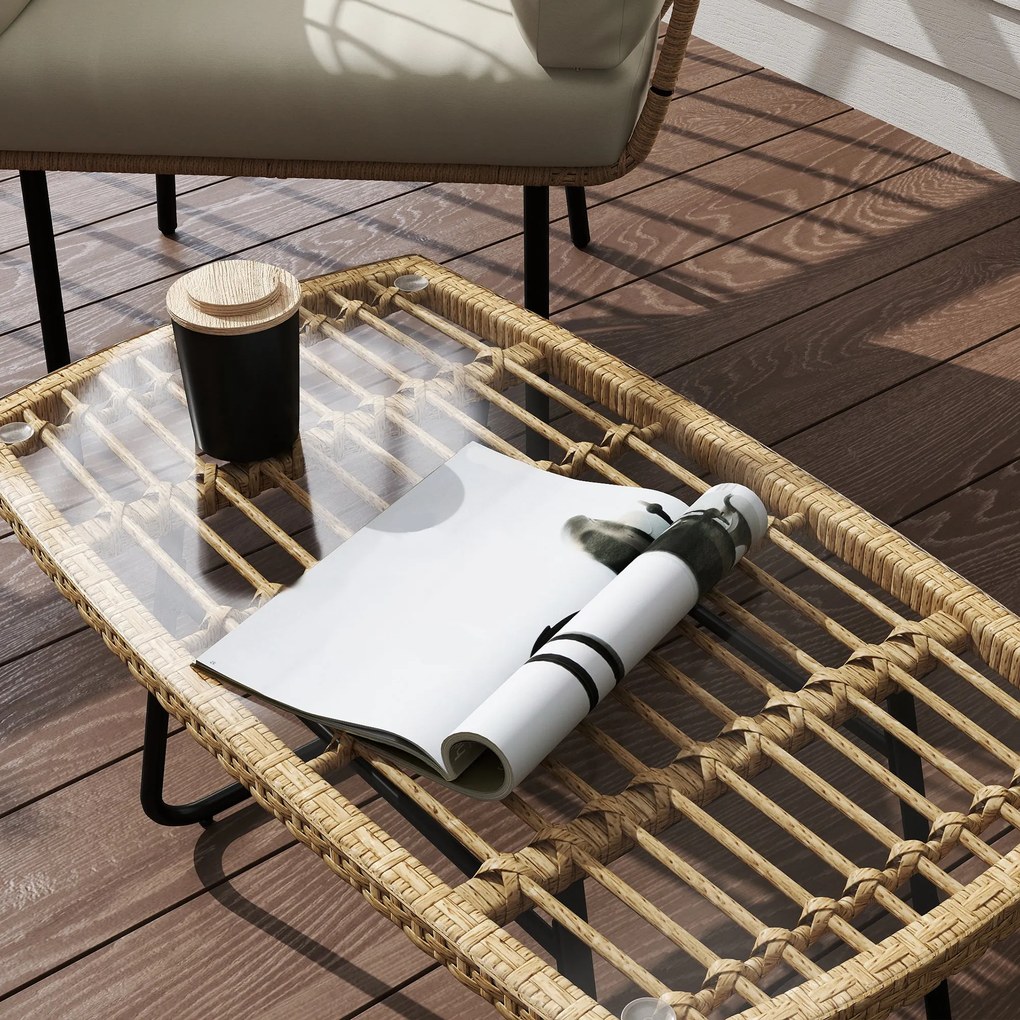 Zahradní stůl Outsunny z poly ratanového materiálu, 90 x 50 x 45 cm, UV odolný boční stůl se skleněnou deskou, obdélníkový stůl na terasu, balkonový …