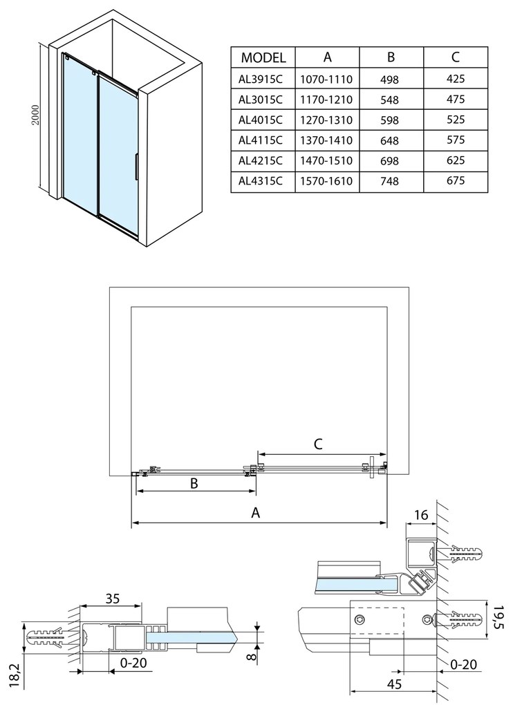 Polysan ALTIS posuvné dveře 1270-1310mm, výška 2000mm, čiré sklo, AL4015C