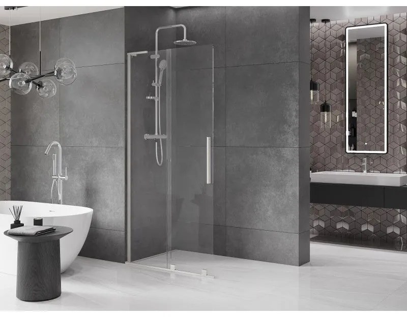 Mexen Velar L, posuvná sprchová zástěna Walk-in 100 x 200 cm, 8mm čiré sklo, broušená ocel, 871-100-003-03-97