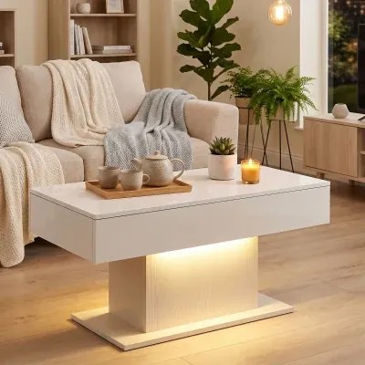 HOMCOM LED konferenční stolek s úložným prostorem, vysoký lesk, moderní, 2 zásuvky a dálkové ovládání, bílá
