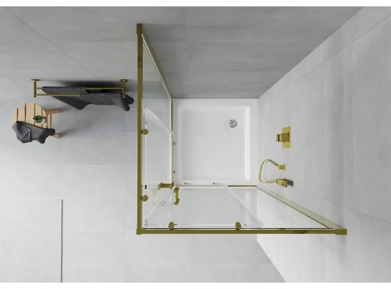 Mexen Rio, čtvercový sprchový kout s posuvnými dveřmi 80 (dveře) x 80 (dveře) x 190 cm, 5mm čiré sklo, zlatý profil + bílá sprchová vanička RIO, 860-080-080-50-00-4510