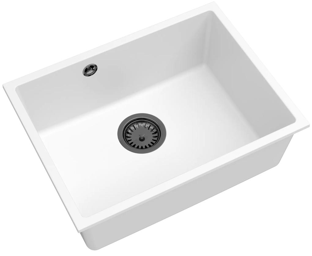 Sink Quality Crypton 60, kuchyňský granitový dřez 535x400x205 mm + zlatý sifon, bílá, SKQ-CRY.W.1KBO.60.XG
